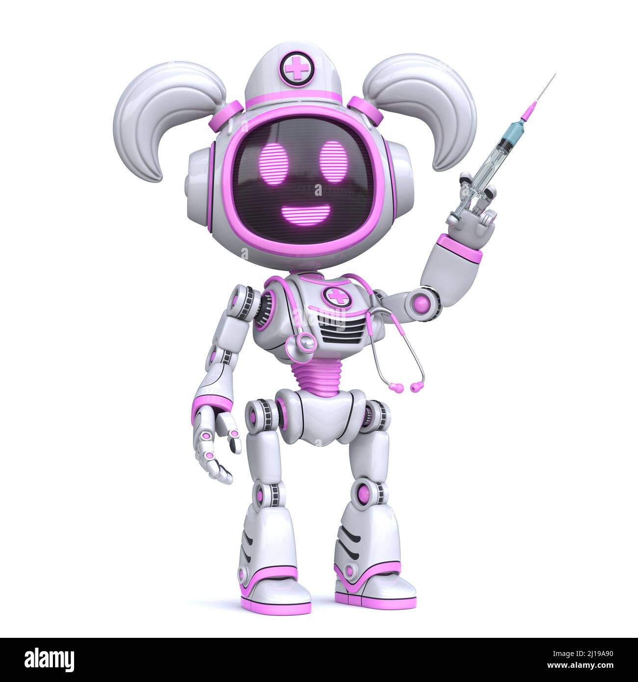 Cute pink girl robot nurse 3D rendering illustration isolated on white ...
