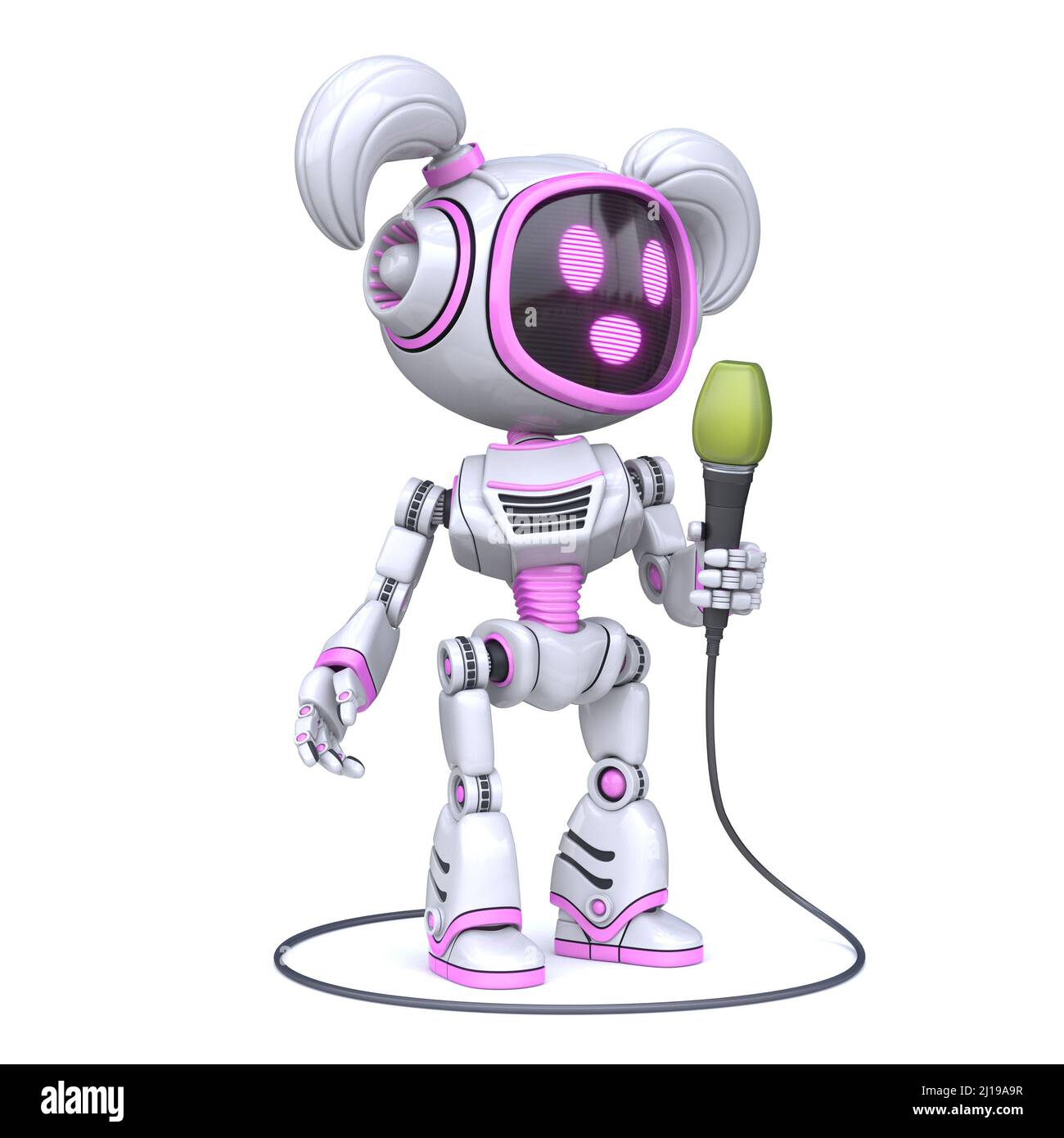 Cute pink girl robot hold microphone 3D rendering illustration isolated ...