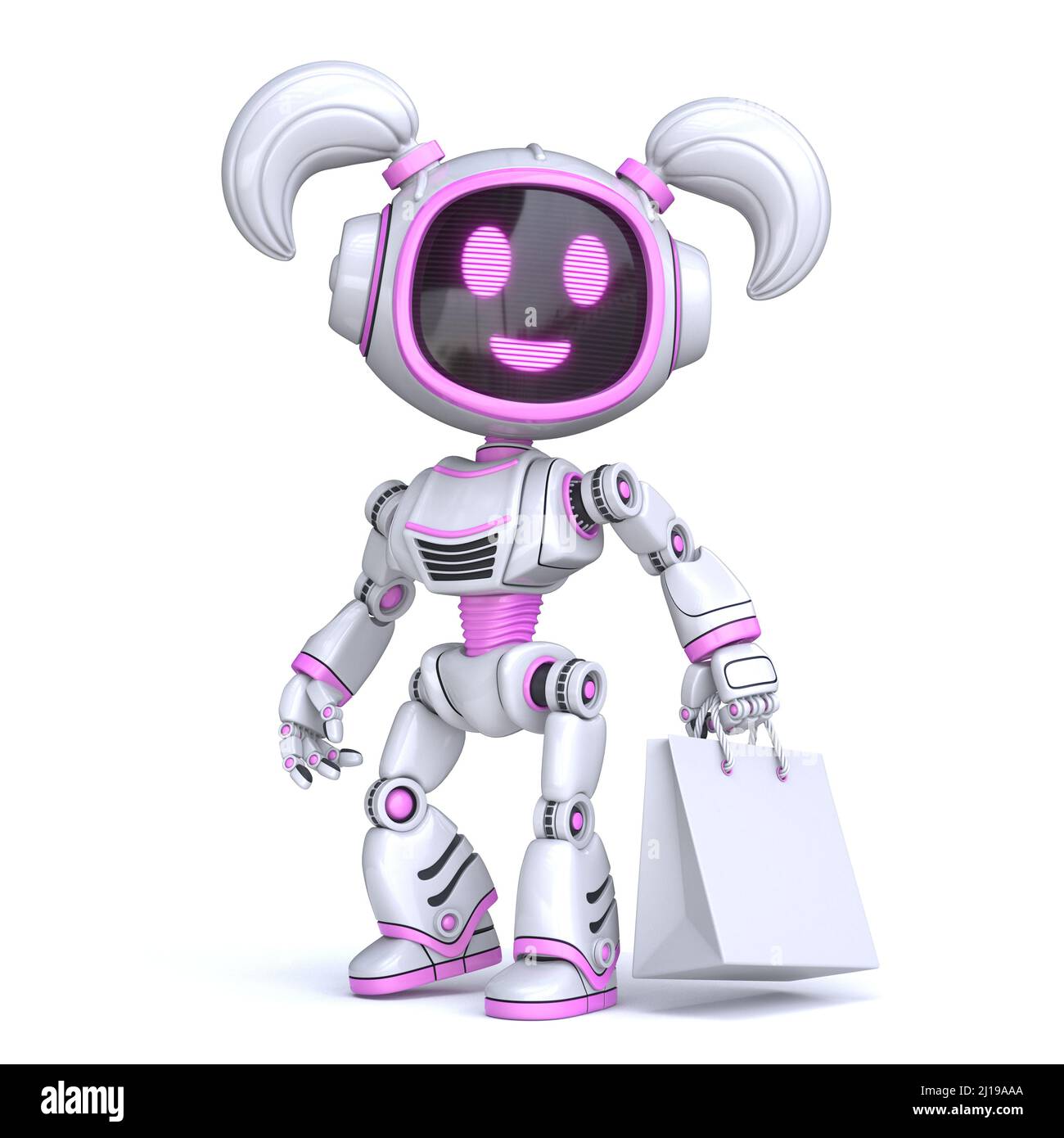 Cute pink girl robot with white shopping bag 3D rendering illustration ...