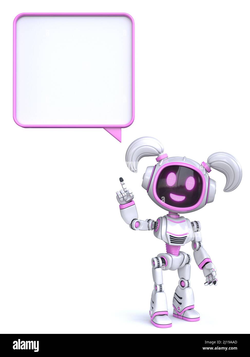 Cute pink girl robot with blank comic bubble 3D rendering illustration ...