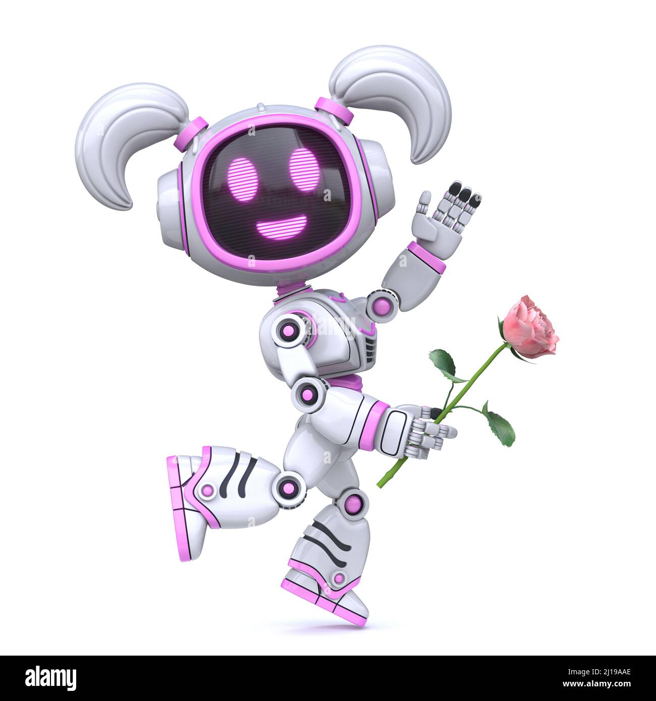 Cute pink girl robot in love hold rose 3D rendering illustration ...