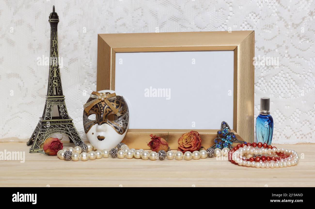 Empty Photo Frame With Eiffel Tower and Carnival Mask on Lace ...