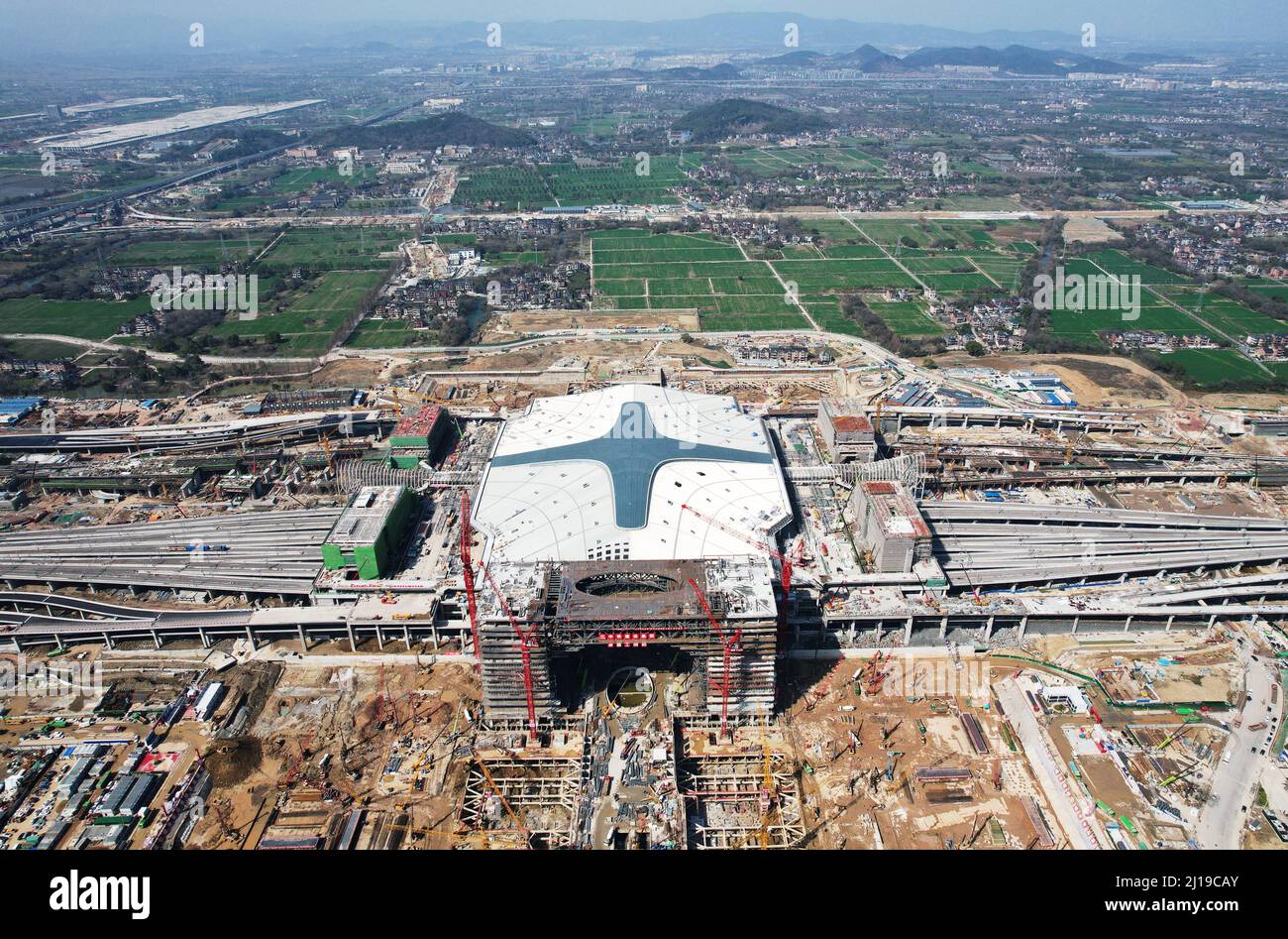 HANGZHOU, CHINA - MARCH 23, 2022 - An aerial view of the hangzhou West Railway Station ...