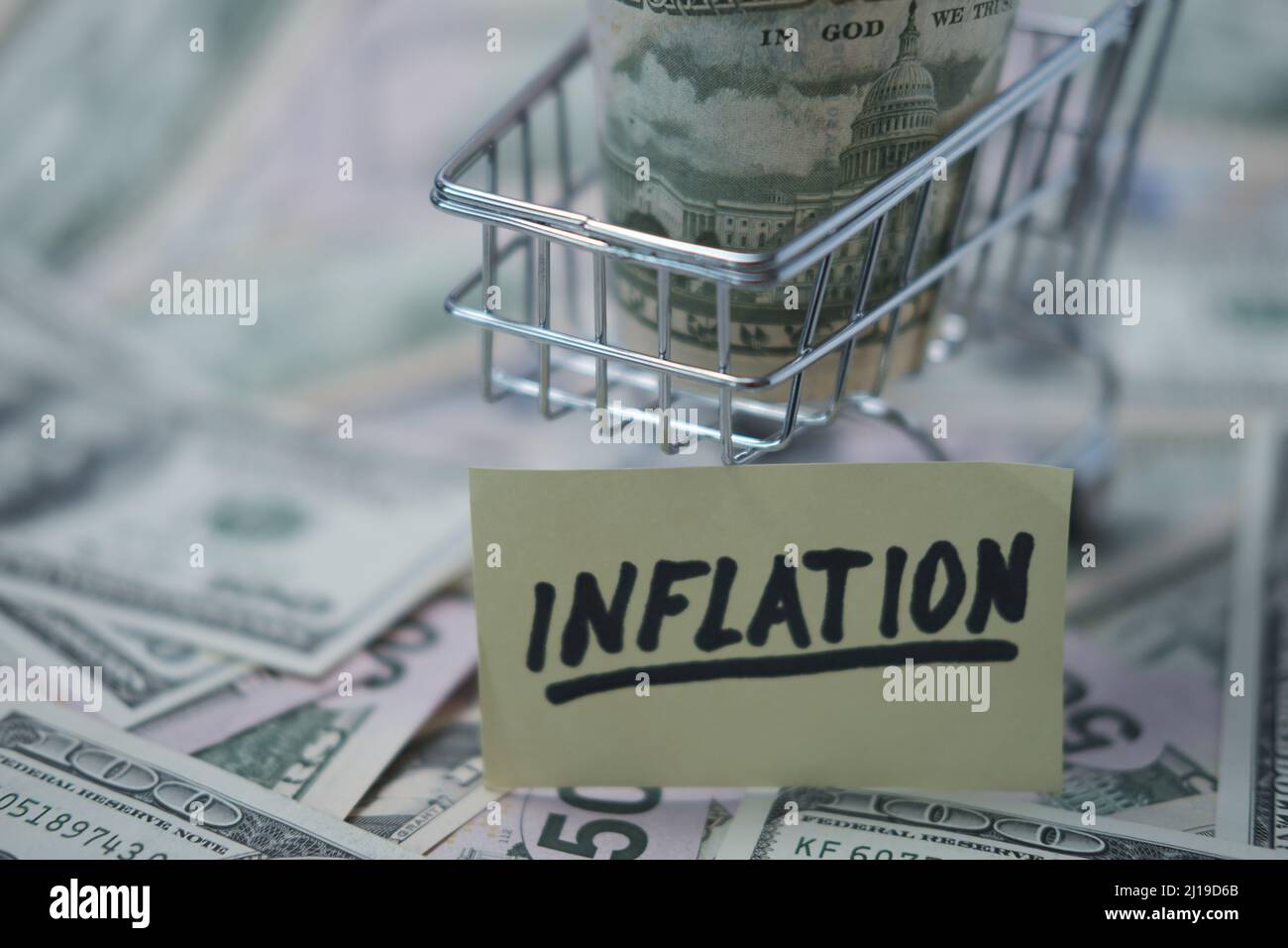 Dollars are in a grocery basket, with a poster on which the inscription ...