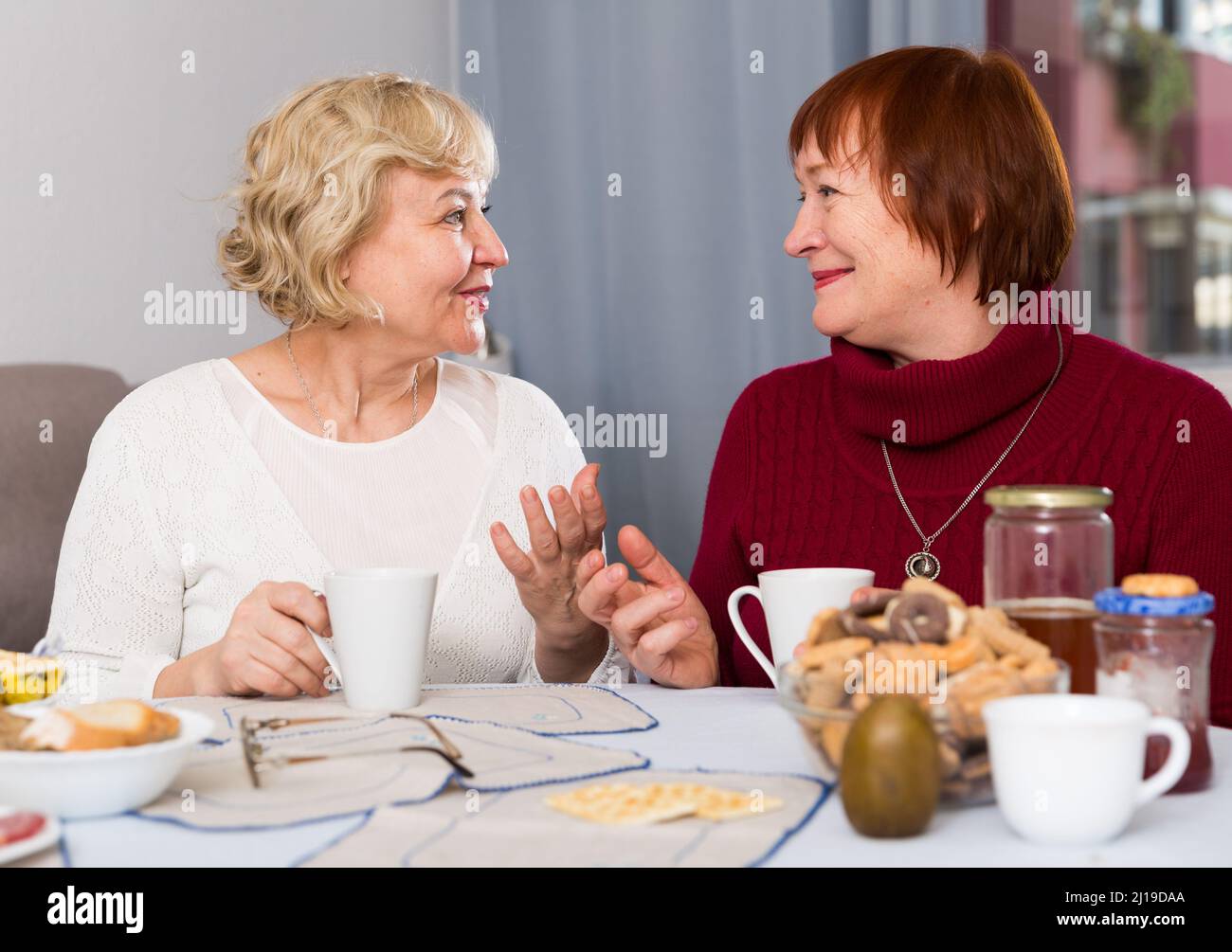 Two happy senior women enjoying conversation Stock Photo - Alamy