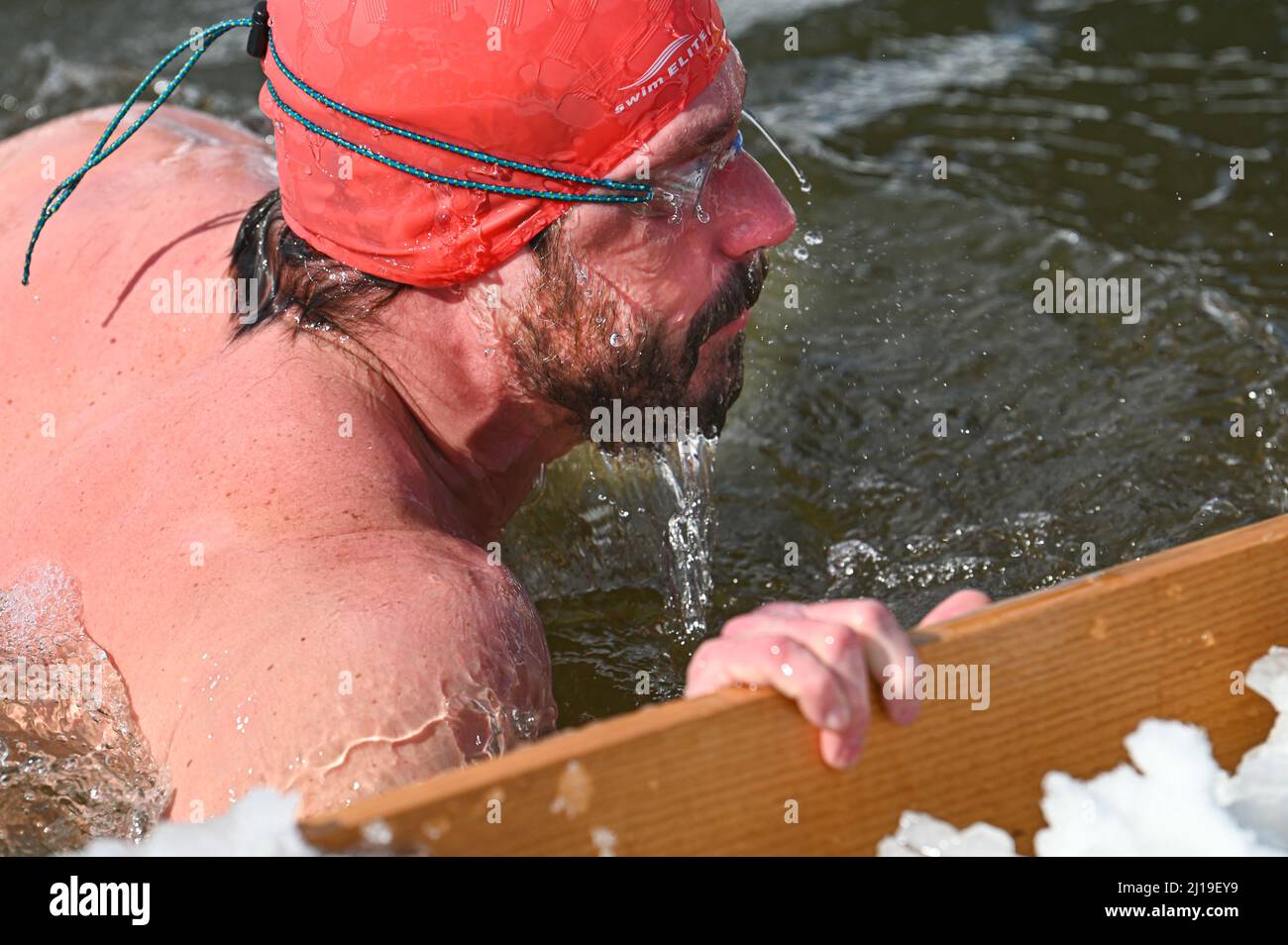 Cold water swimmers swim in the icy water of Lake Memphremagog near the ...