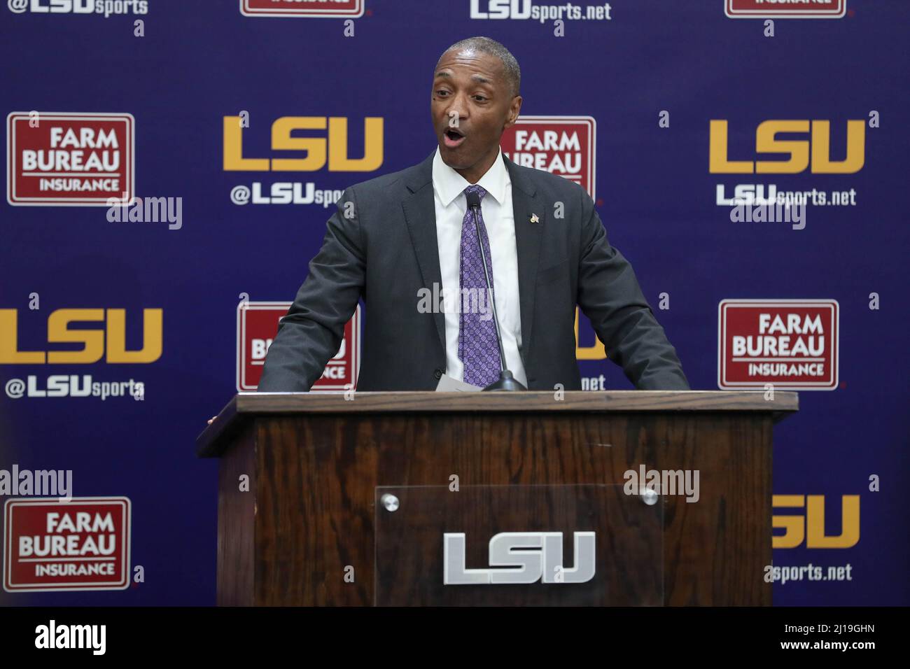 March 23, 2022: LSU President William F. Tate IV address the crowd as ...