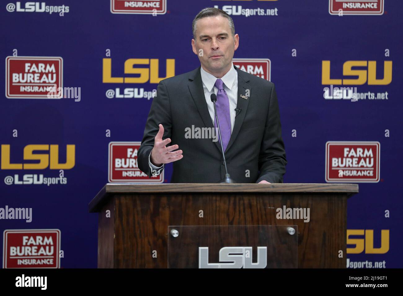 March 23, 2022: New LSU Head Basketball Coach Matt McMahon holds his ...