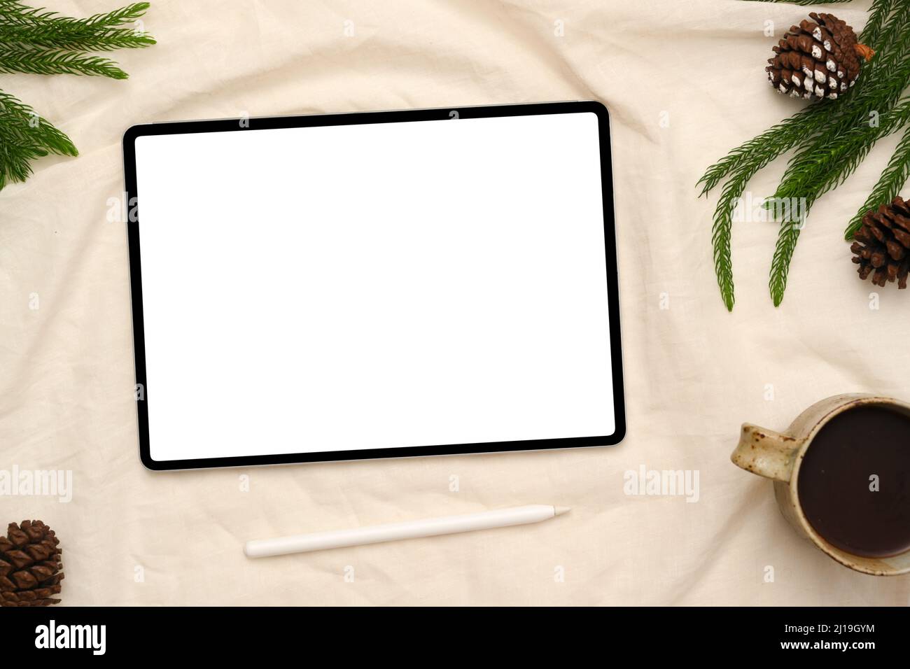 Top view, Digital tablet touchpad white screen mockup on white ...
