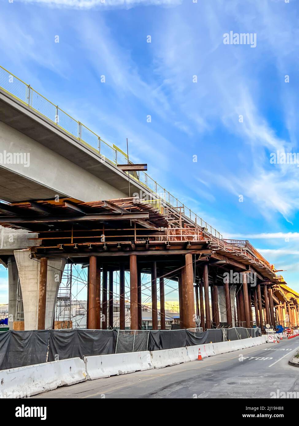 Bracing and support in place for a overhead freeway construction ...