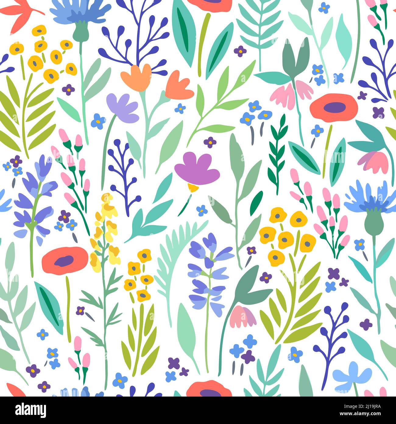 Seamless pattern with cute trendy flowers and plant elements for design ...