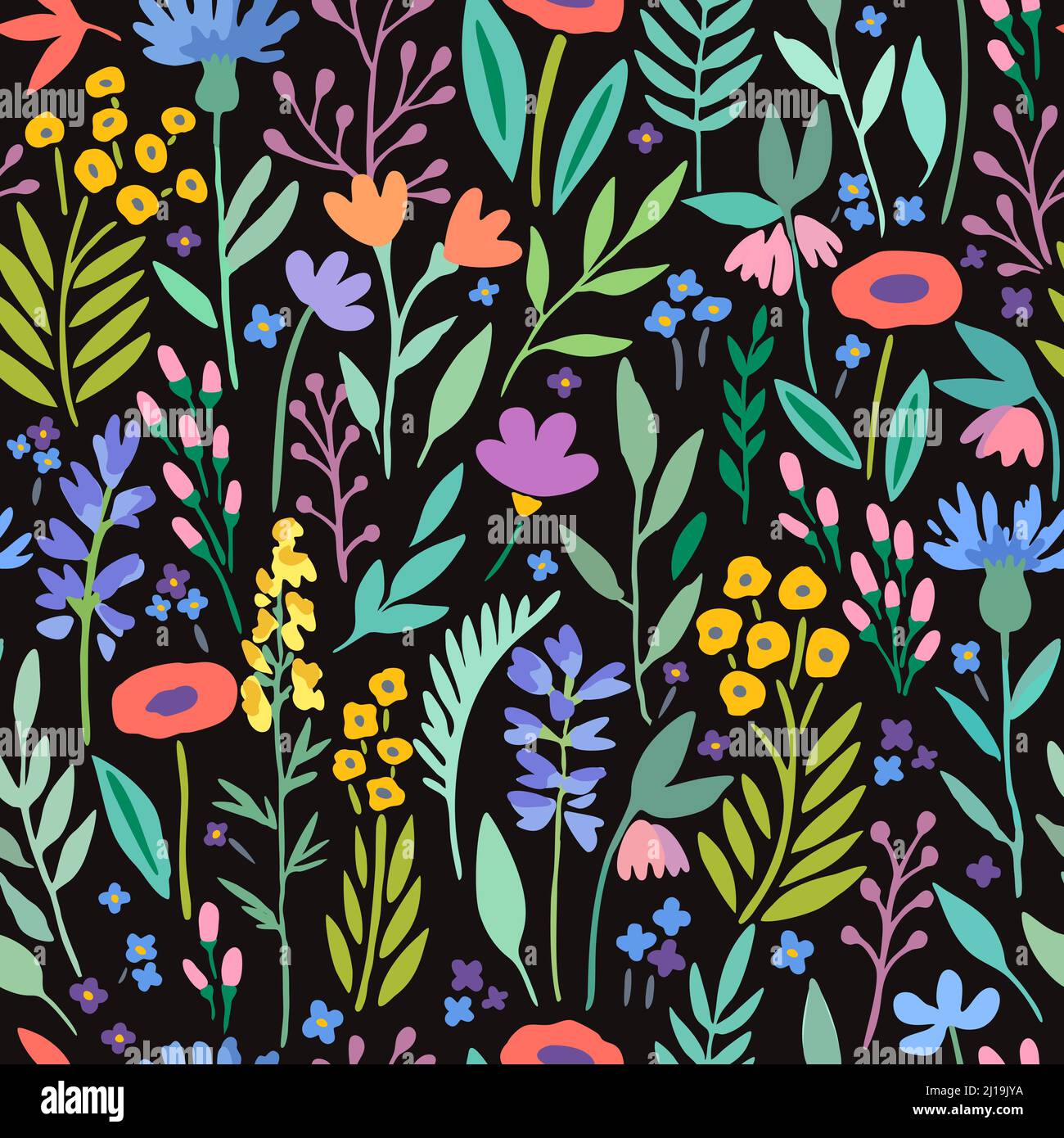 Seamless pattern with cute trendy flowers and plant elements for design ...