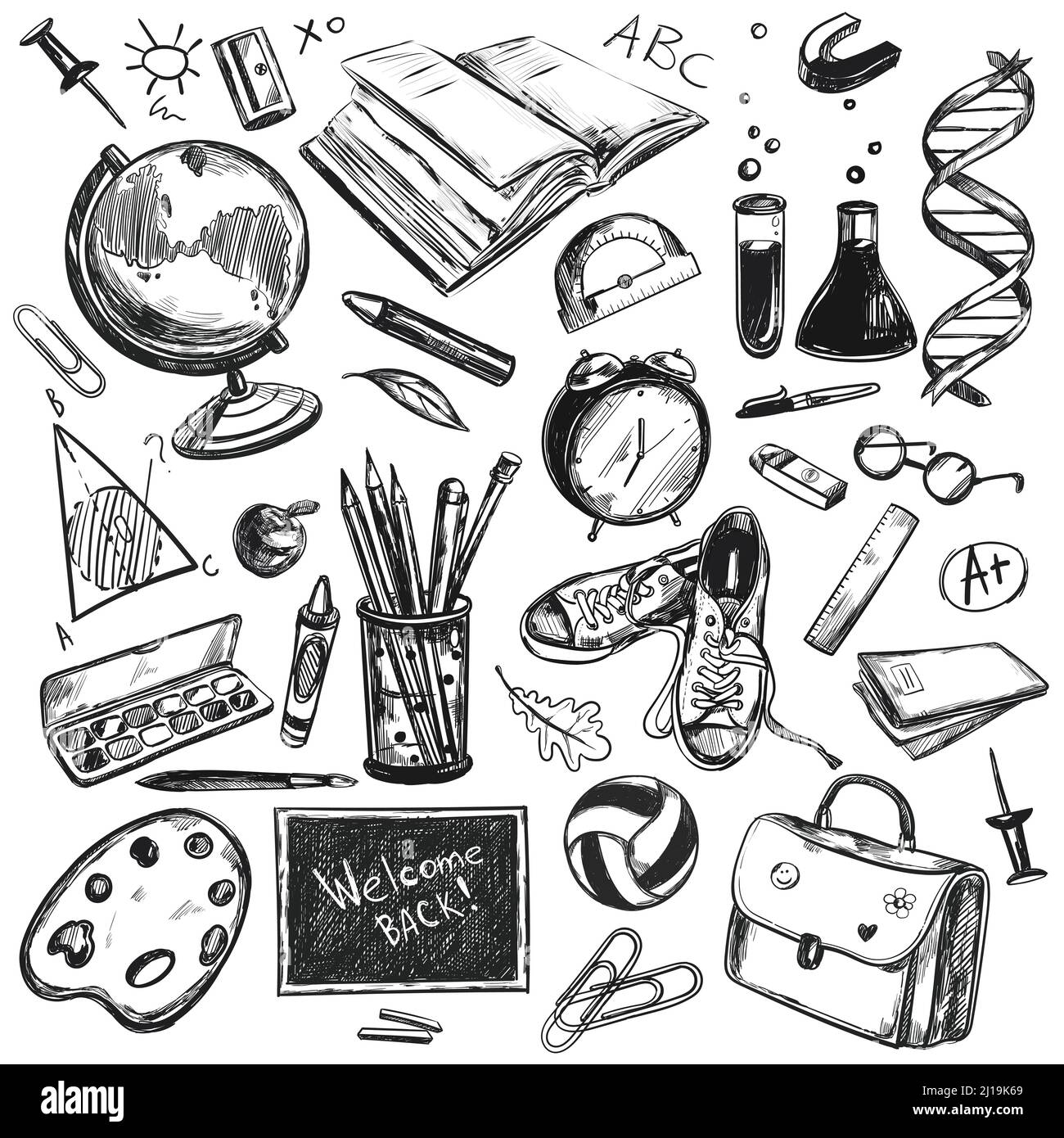 Black and white sketch doodles back to school background with isolated ...