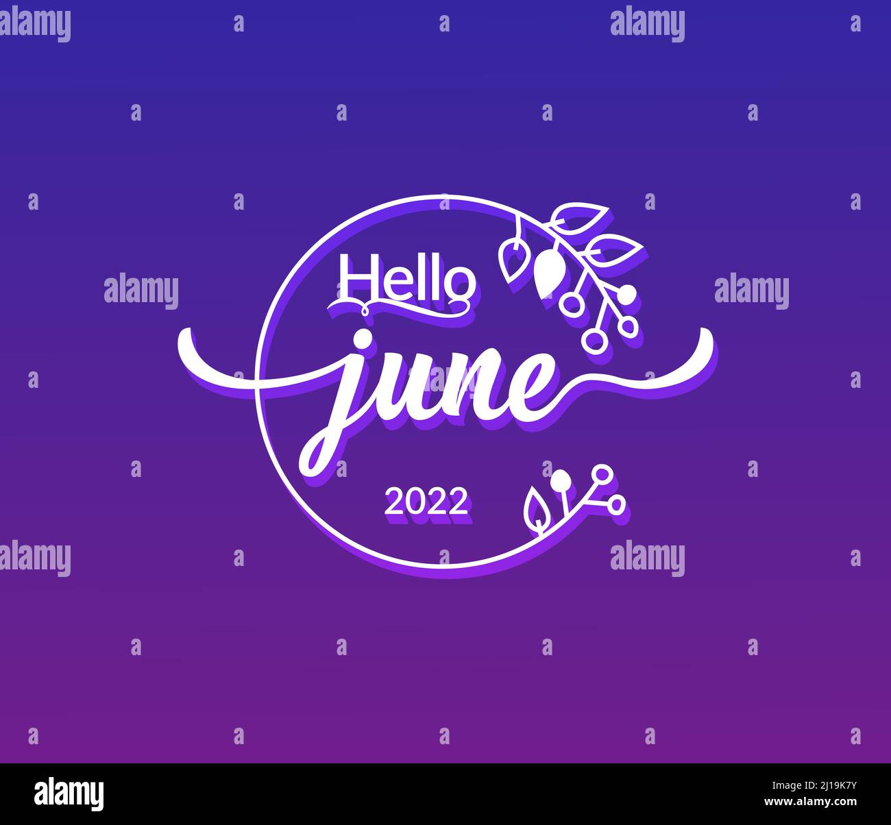Hello June typography text isolated circle floral frame on black ...