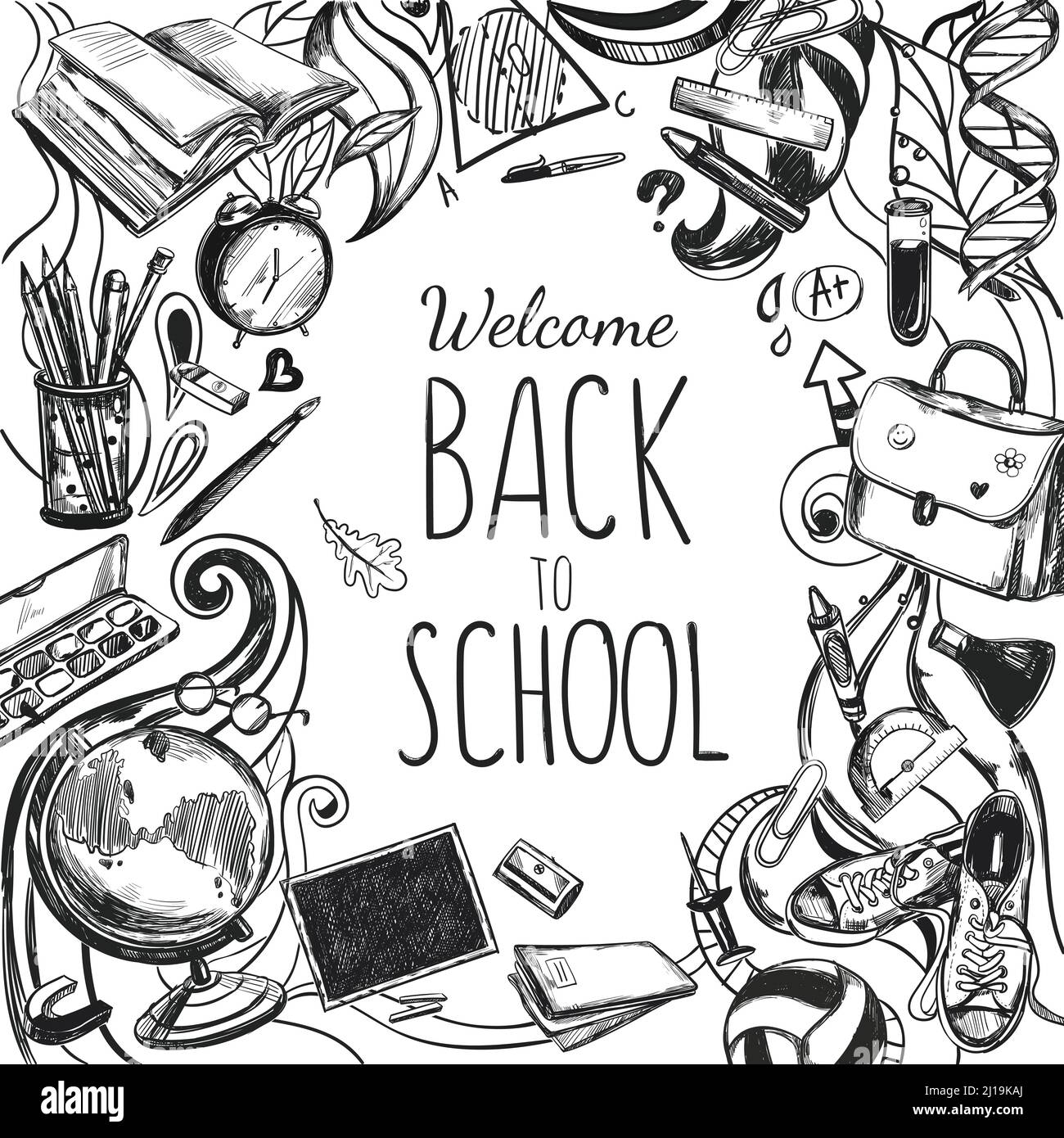 Black and white sketch doodles back to school frame with title in ...
