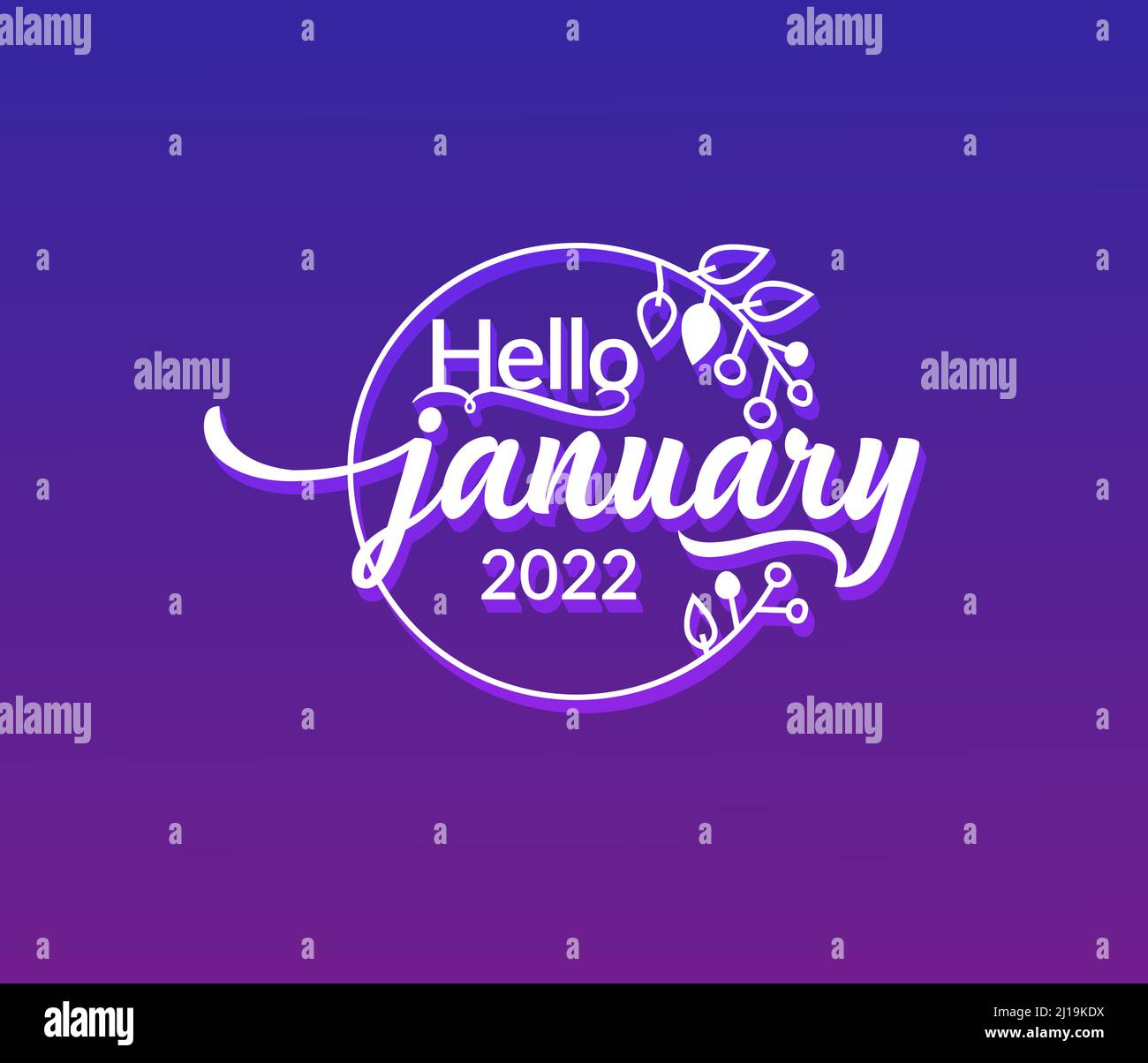 Hello January typography text isolated circle floral frame on black ...