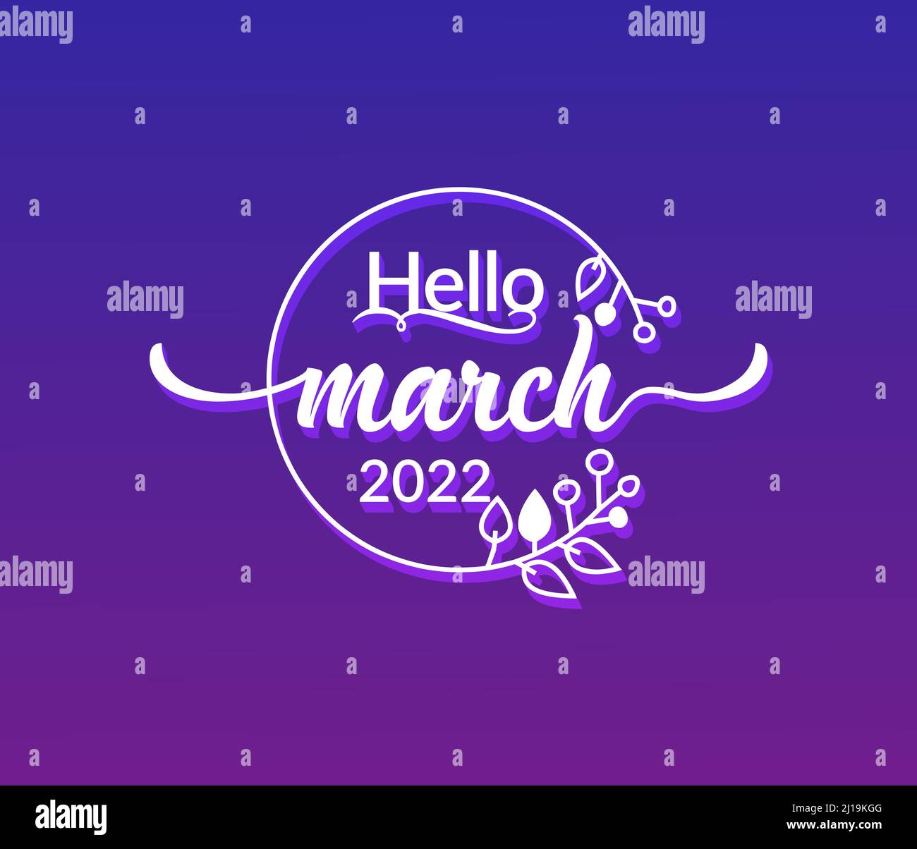 Hello March typography text isolated circle floral frame on black ...