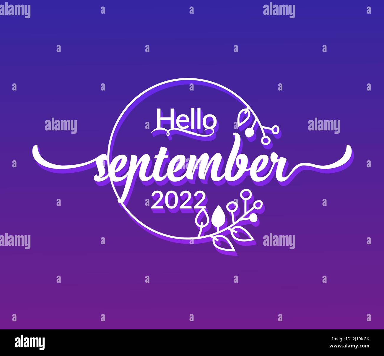 Hello September typography text isolated circle floral frame on black ...