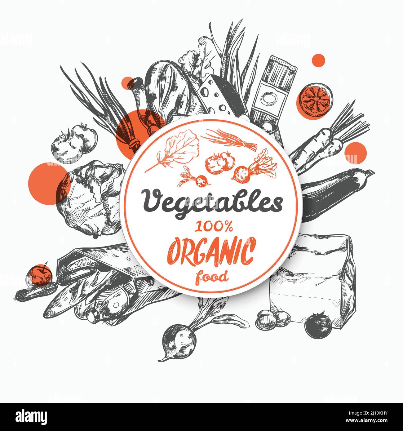 Hand draw sketch label organic food with set of products purchased in ...