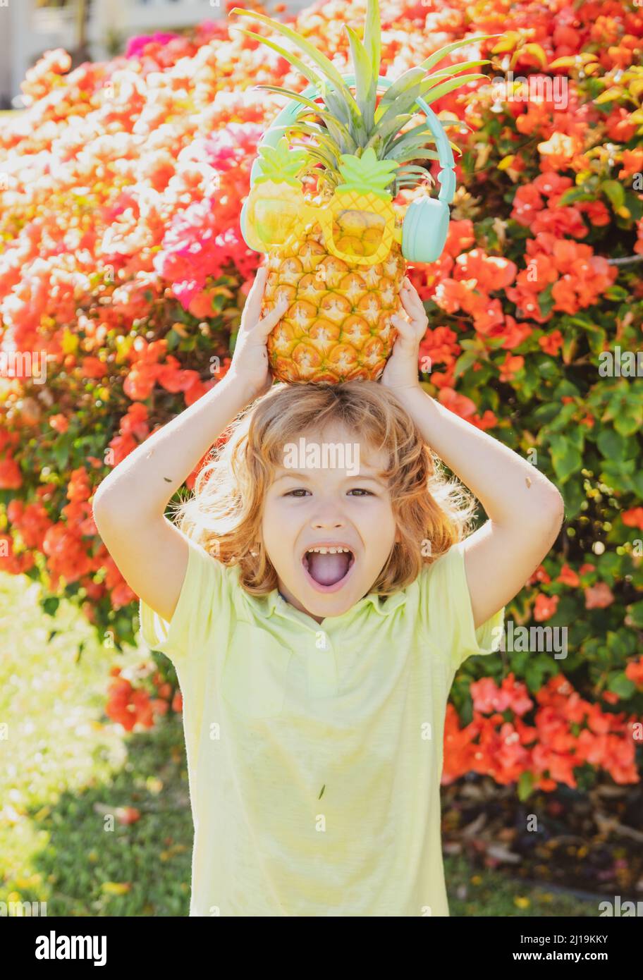 Funny child boy with a pineapple on head in green summer park Stock ...