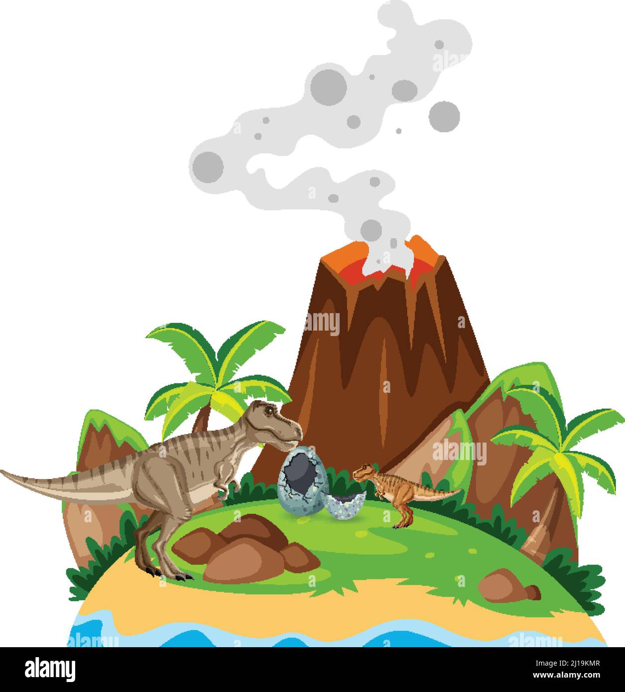 Scene with tyrannosaurus rex by volcano illustration Stock Vector Image ...