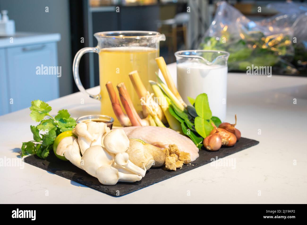 Close up to ingredients set of thai food, Coconut milk with chicken ...