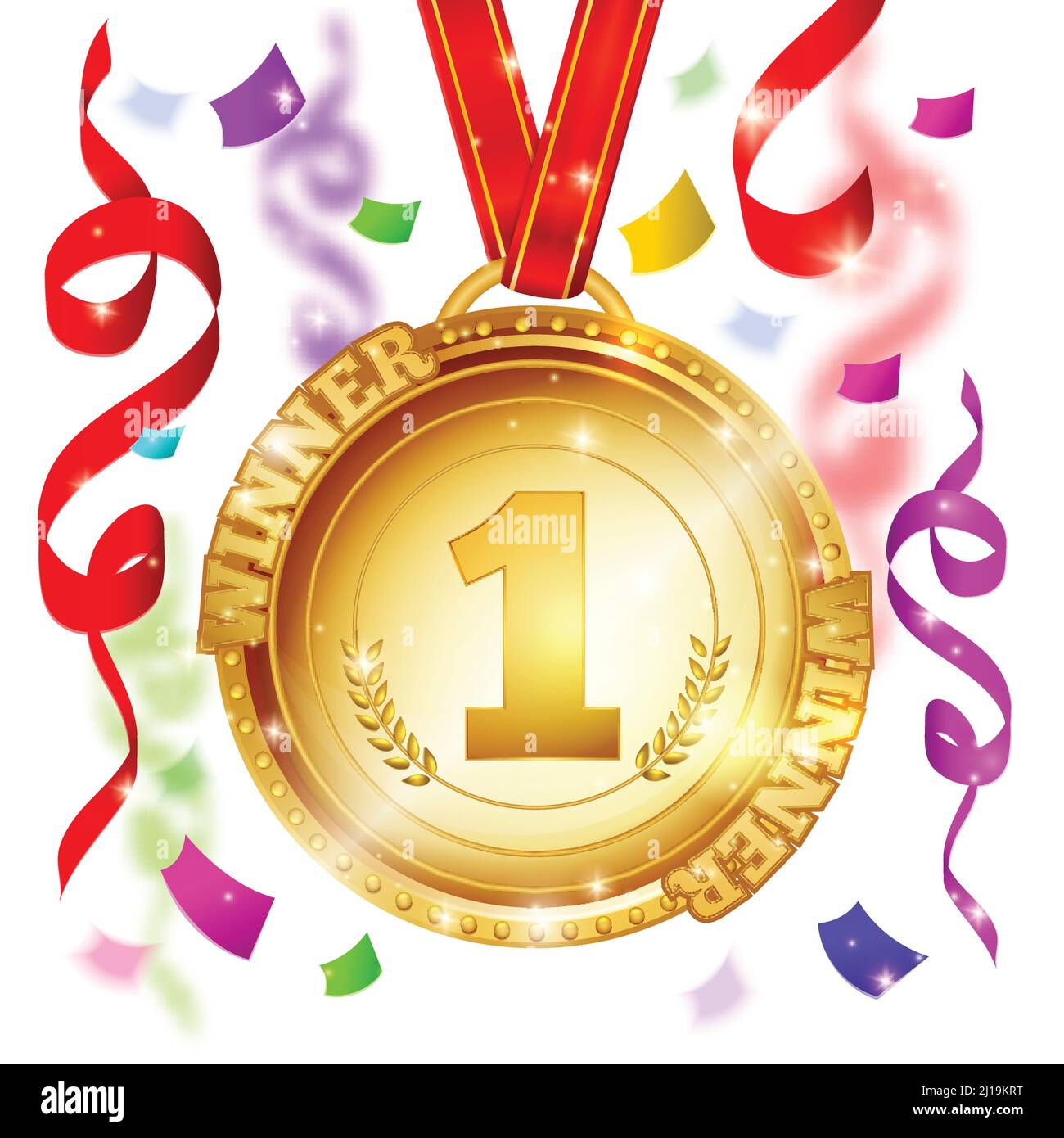 Medal of winner design with gold award on red ribbon and streamers on ...