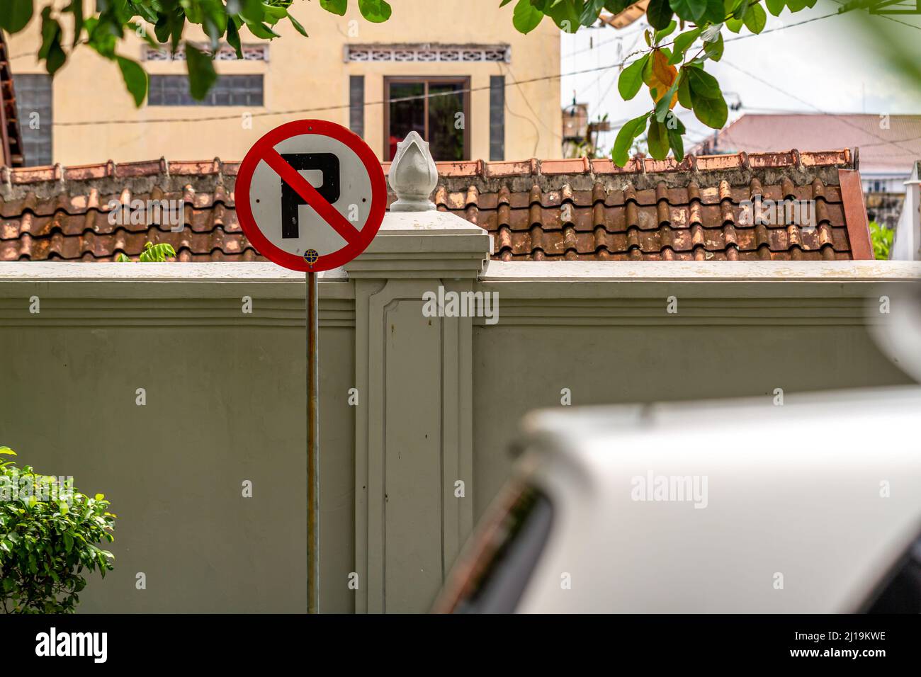 Parking ban sign on a government office complex road in Yogyakarta ...