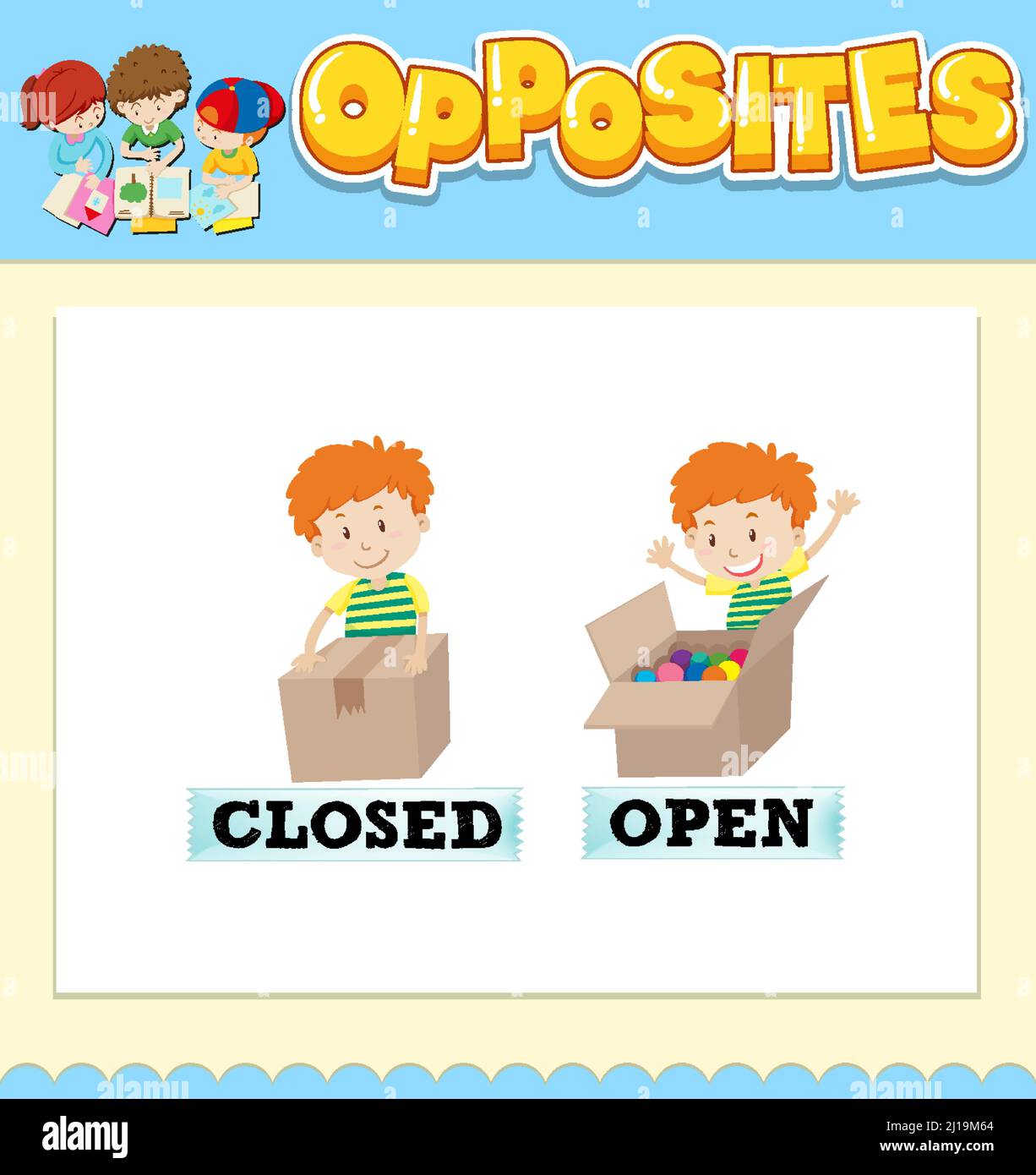 Opposite words for closed and open illustration Stock Vector Image ...