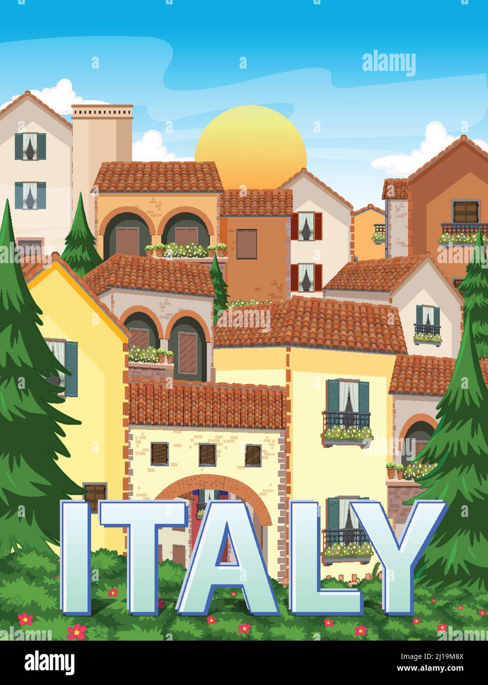 Italy travel attraction and landscape building background illustration ...