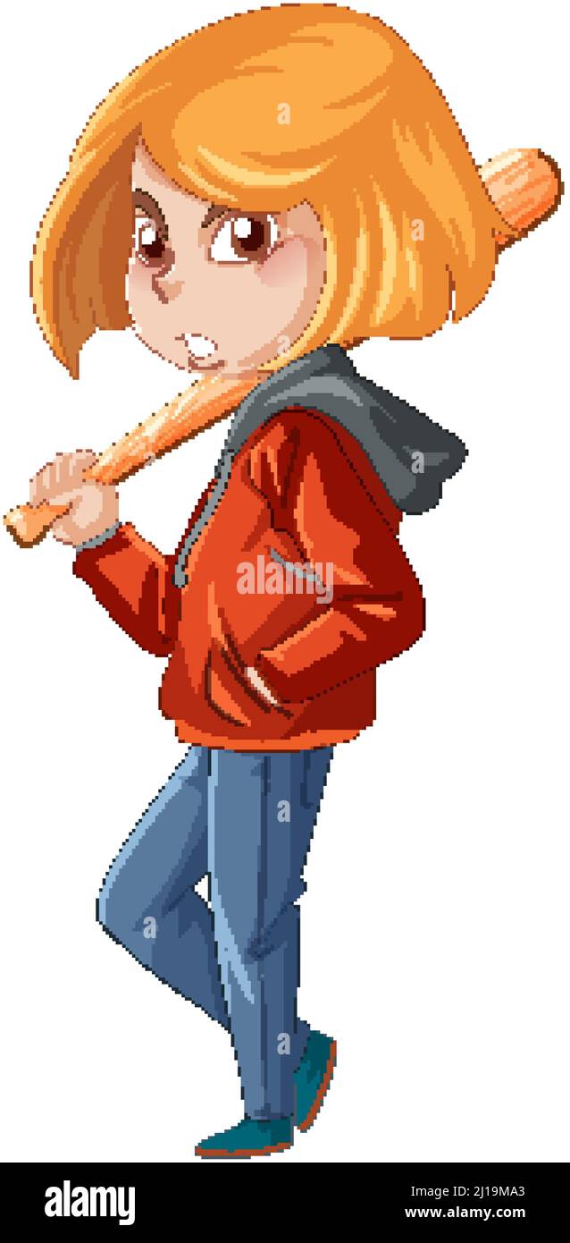 Teenager girl with baseball bat cartoon character on white background ...