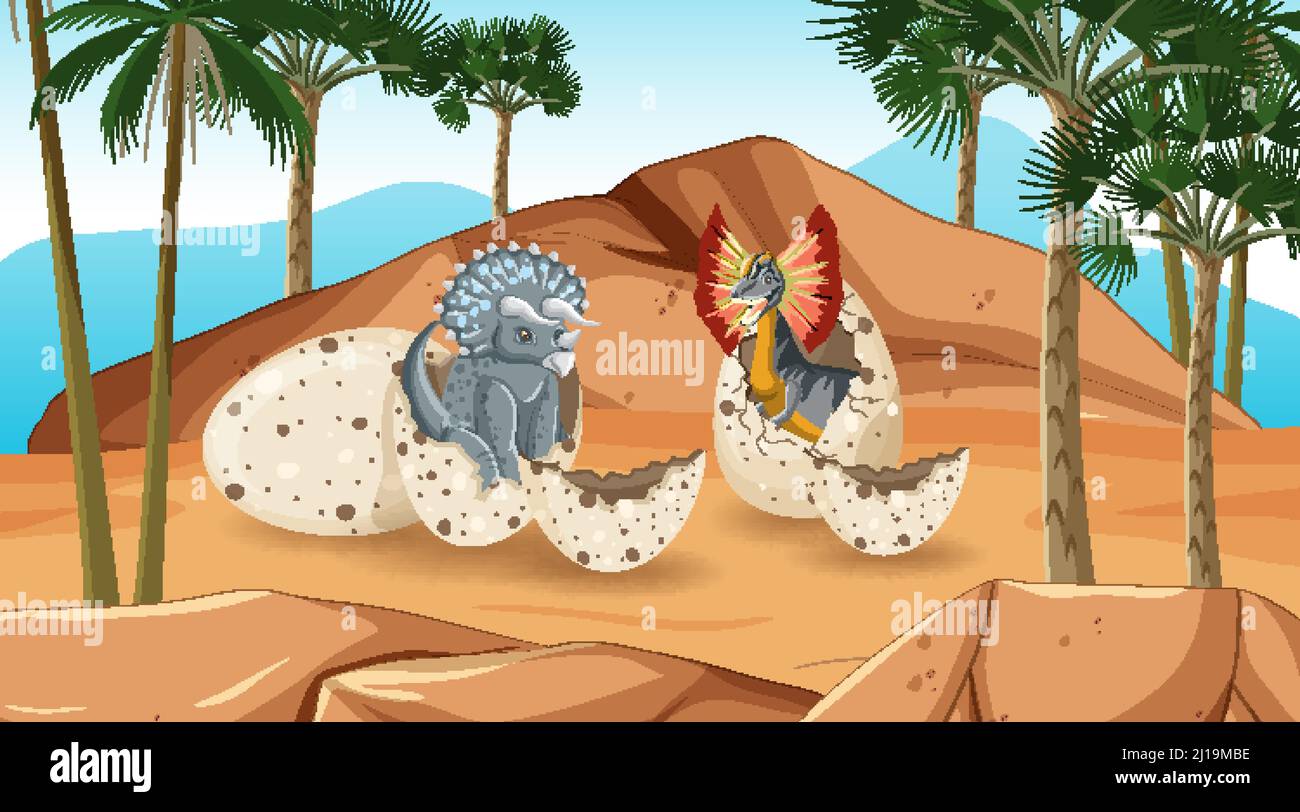Nature scene with trees on mountains with dinosaur illustration Stock ...