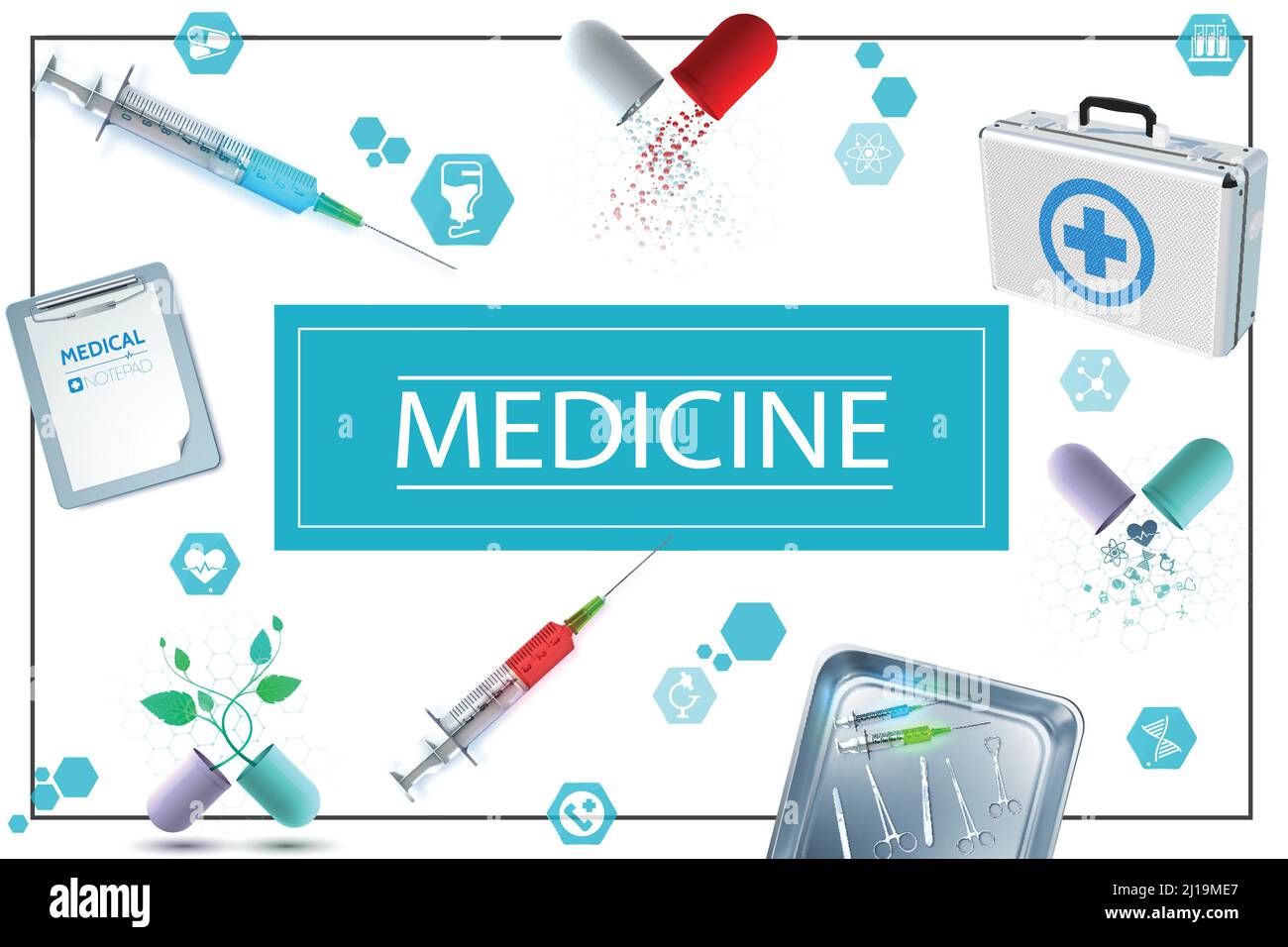 Realistic medicine concept with notepad capsules medical kit icons ...