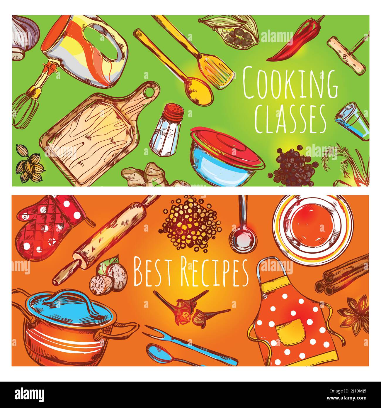Two horizontal cooking class banners set with cartoon utensil ...