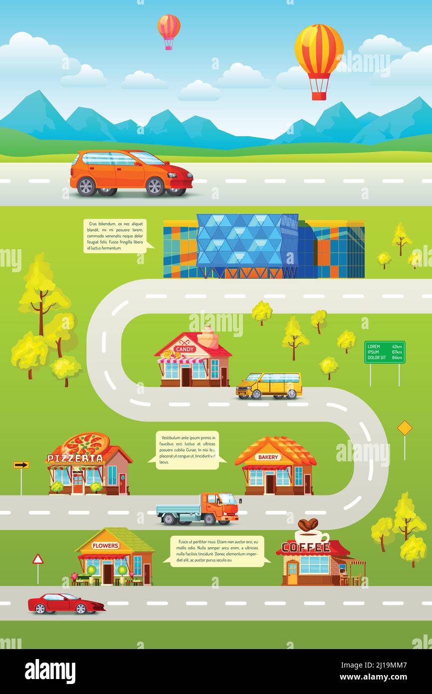 Orthogonal map poster with suburban road landscape orthogonal cars ...