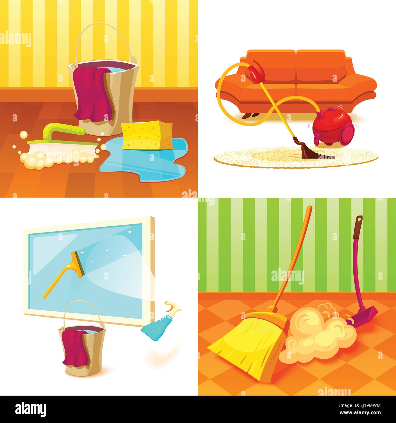 Four square cleaning service icon set with means and tools for cleaning ...