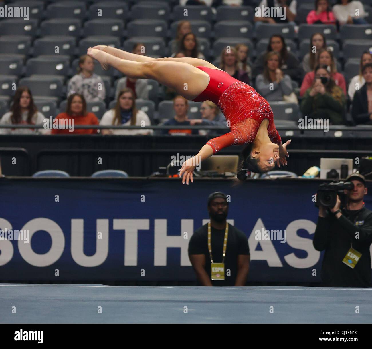 Birmingham, AL, USA. 19th Mar, 2022. Arkansas' Maddie Jones does a ...