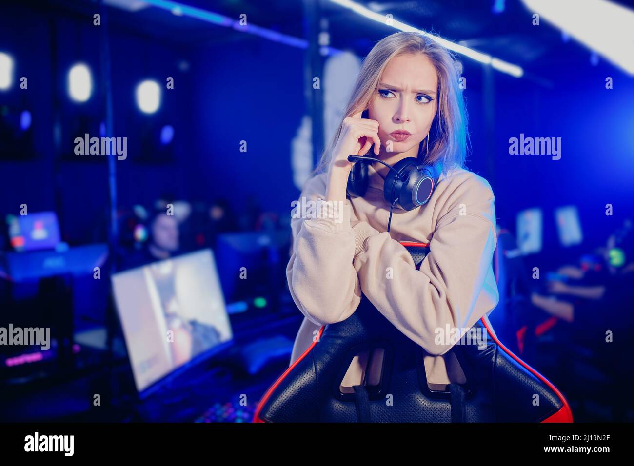Smile streamer caucasian woman gamer playing online video games ...
