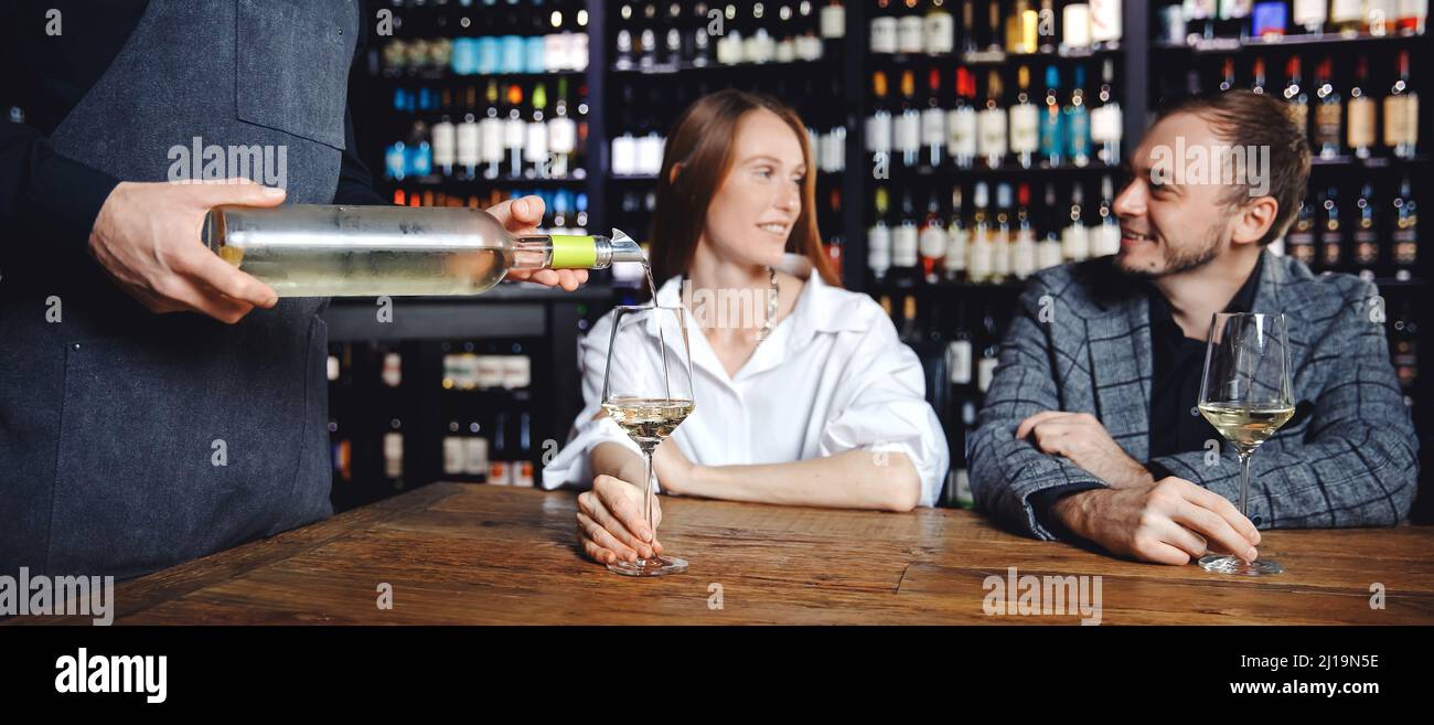 Banner Fun couple man and woman laughing in restaurant on first date ...
