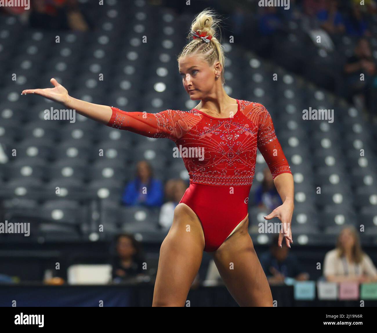 Birmingham, AL, USA. 19th Mar, 2022. Arkansas' Sarah Shaffer performs ...