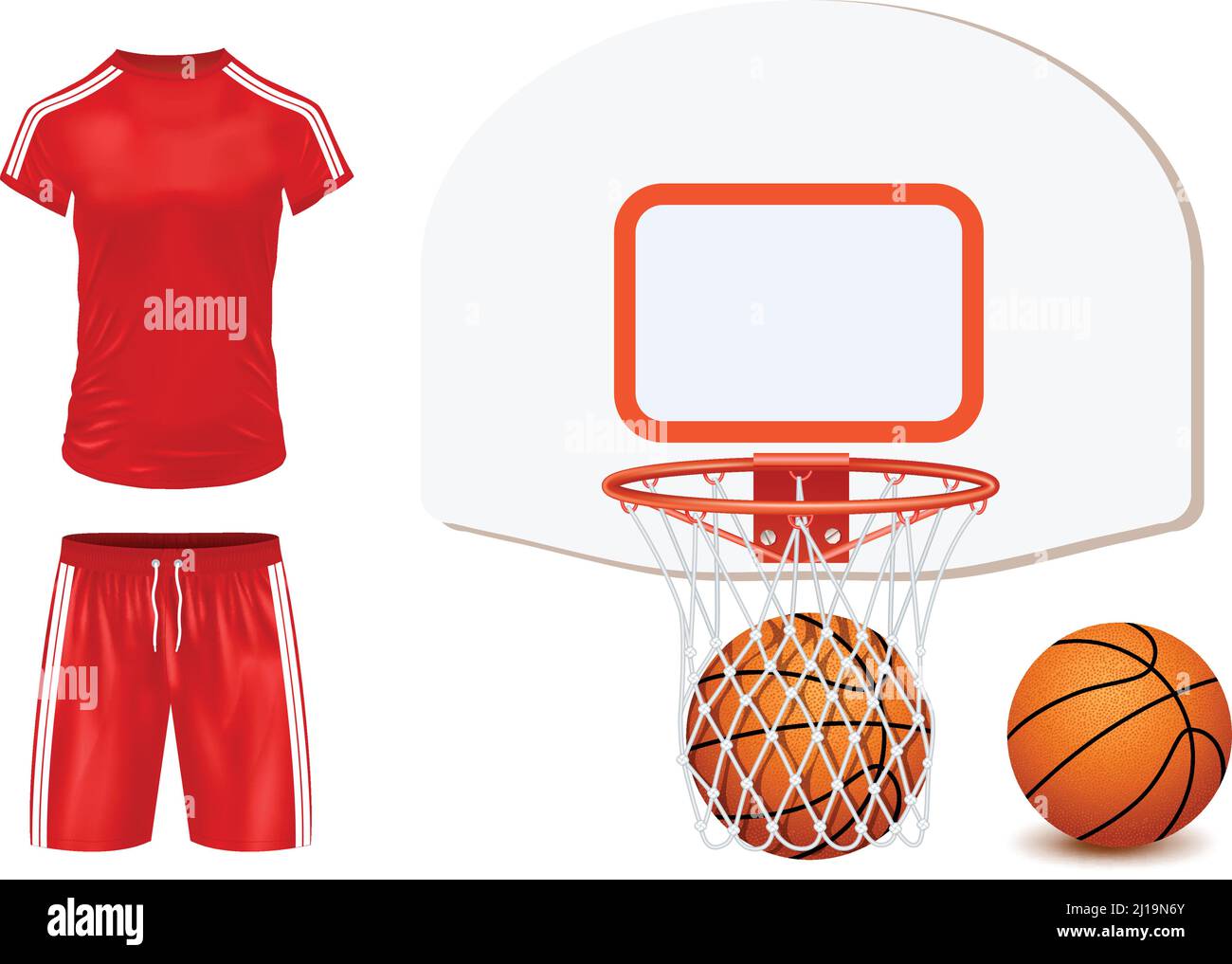 Colored basketball icon set with red sports uniforms of basketball ...