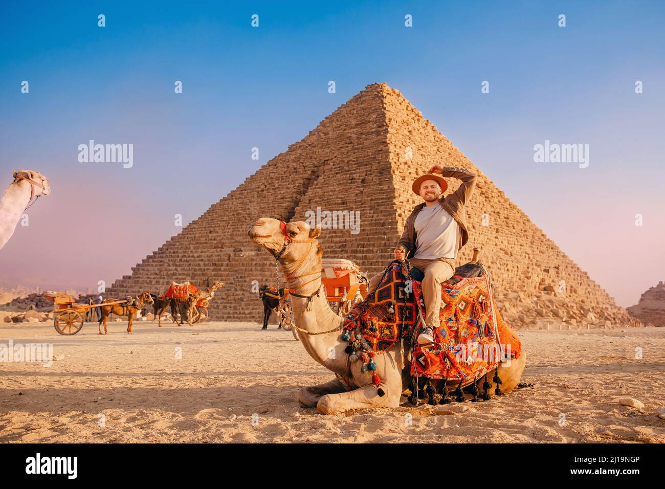 Tourist man with hat riding on camel background pyramid of Egyptian ...