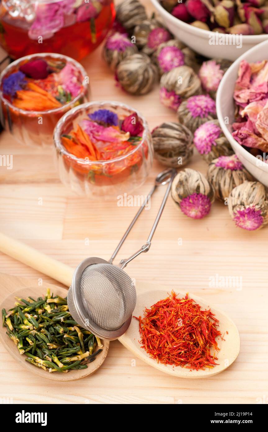 Herbal natural floral tea infusion with dry flowers ingredients Stock ...