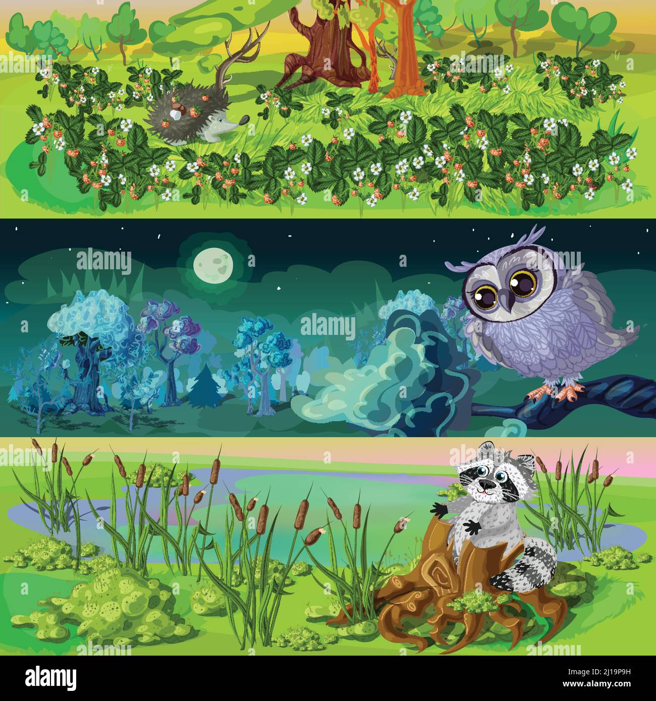Cartoon animals banners set with hedgehog in strawberry owl under moon ...