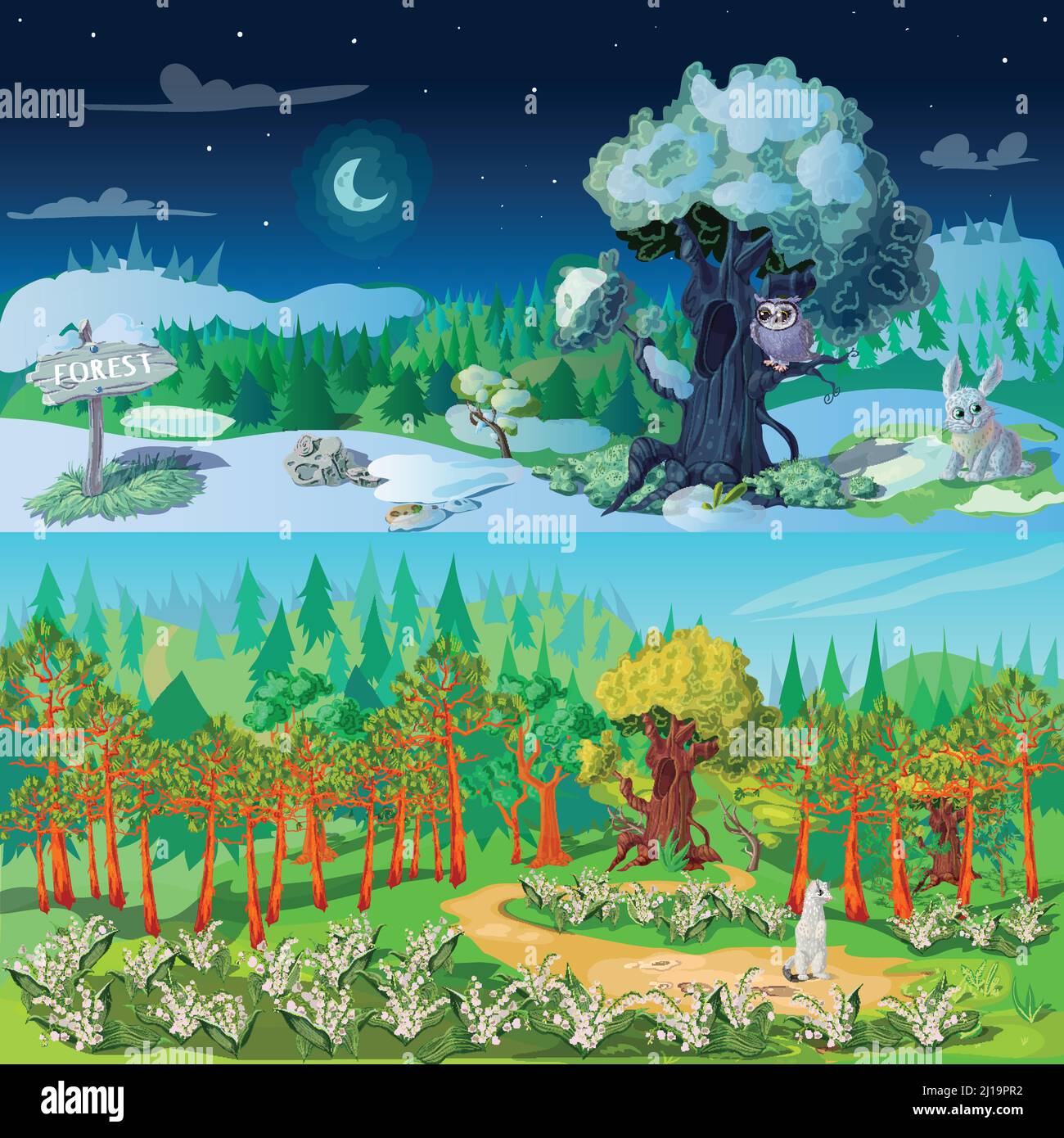 Two horizontal forest banners set with night wood and day scenery with ...