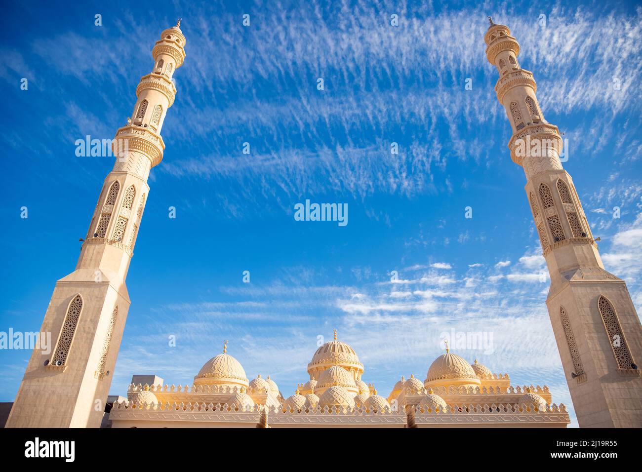 El Mina Masjid mosque dome close-up in Hurghada, Egypt, sunny day blue ...