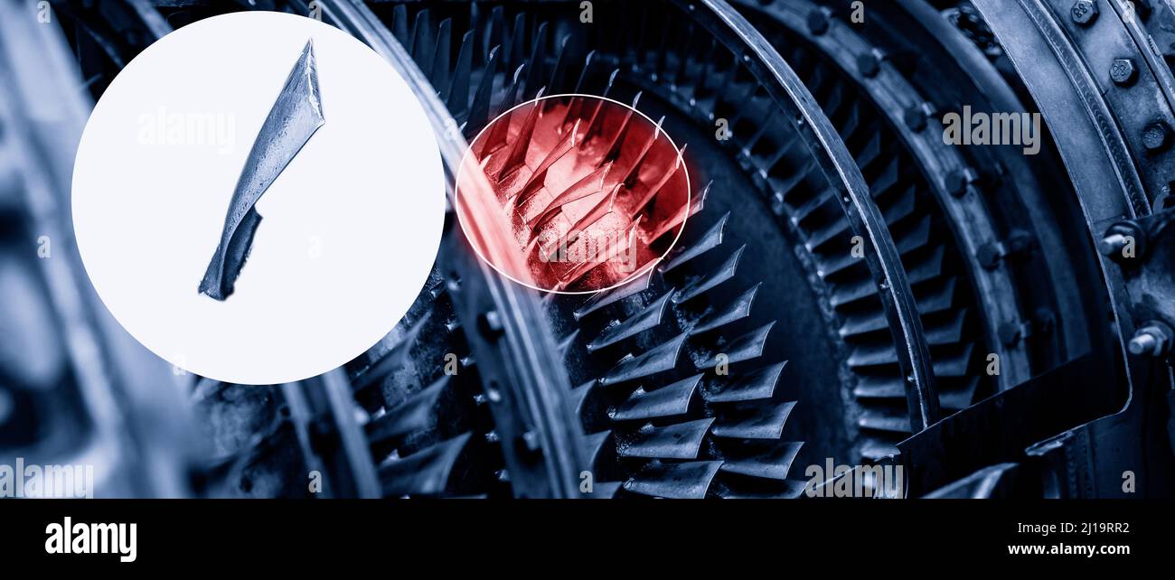 Closeup destruction and damage jet engine blades of airplane. Blue ...