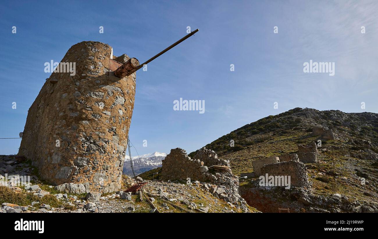 Spring in Crete, plateau, mountain ridge, pass, Ambelos, windmill ...