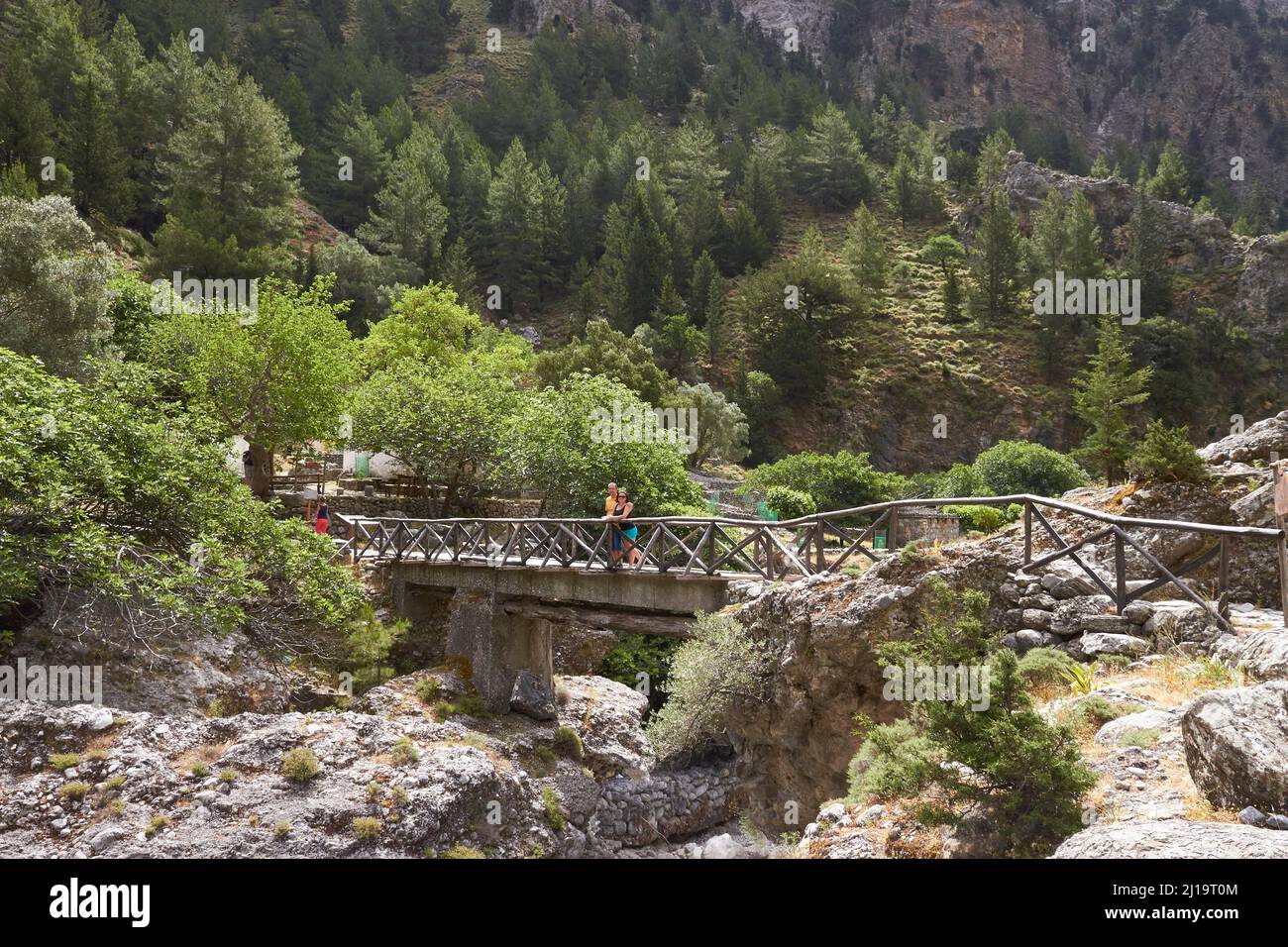 Spring in Crete, bridge, tourists, forest, rocks, bottom of the gorge ...