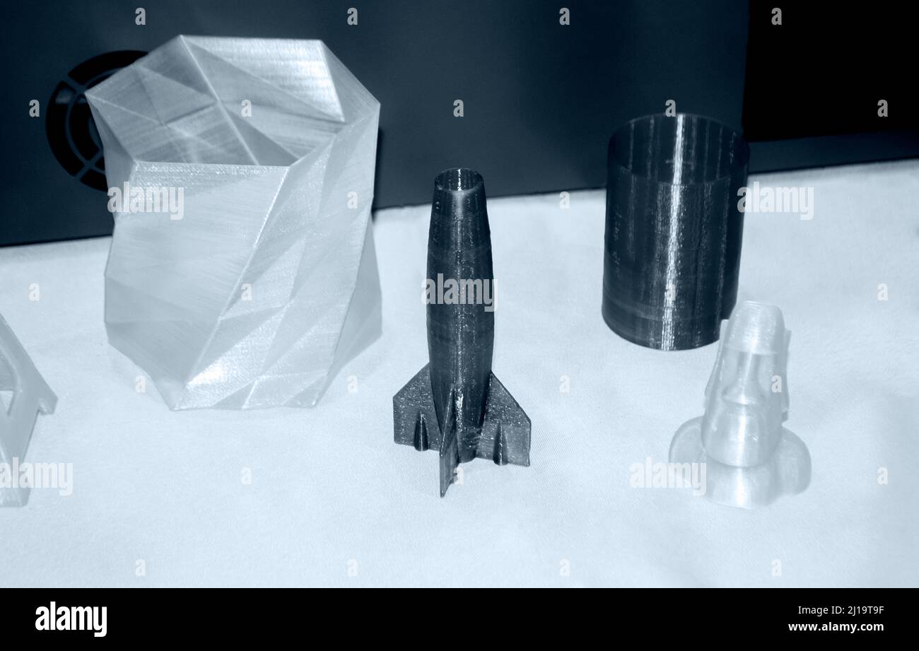 Objects printed on 3D printer from plastic close-up. New 3D printing ...